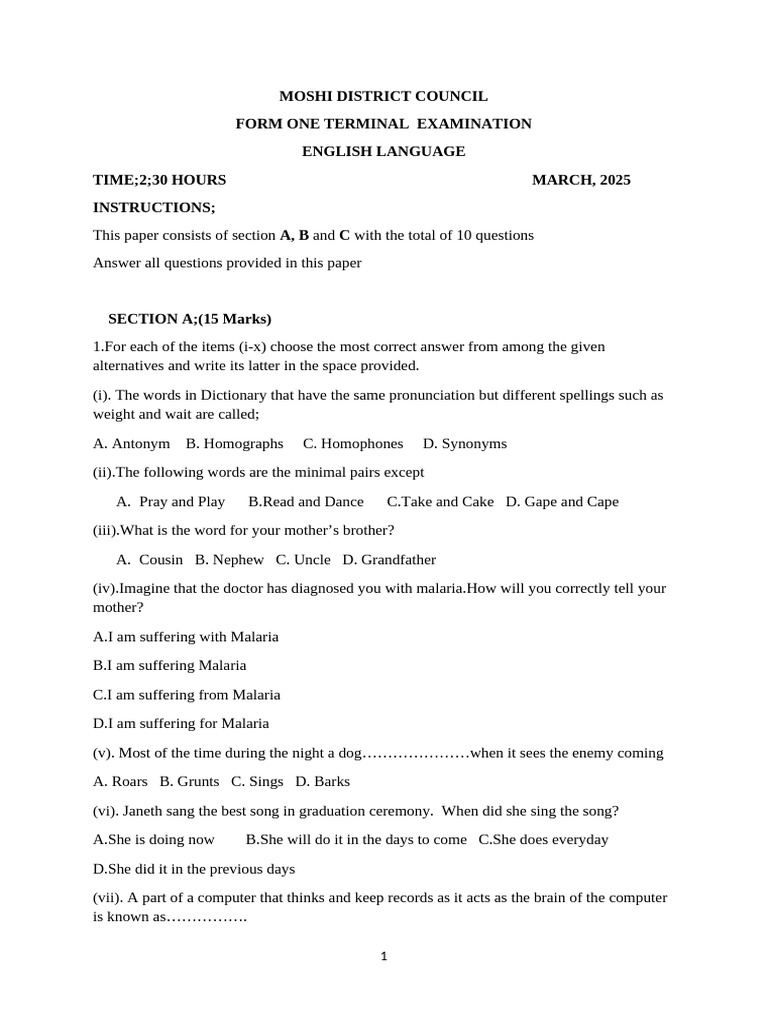 ENGLISH EXAM Form 1 Terminal 12 | PDF | Linguistics | Languages