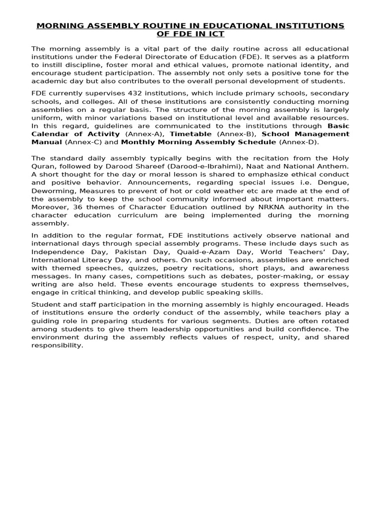 Brief On Morning Assembly | PDF | Teachers | Curriculum