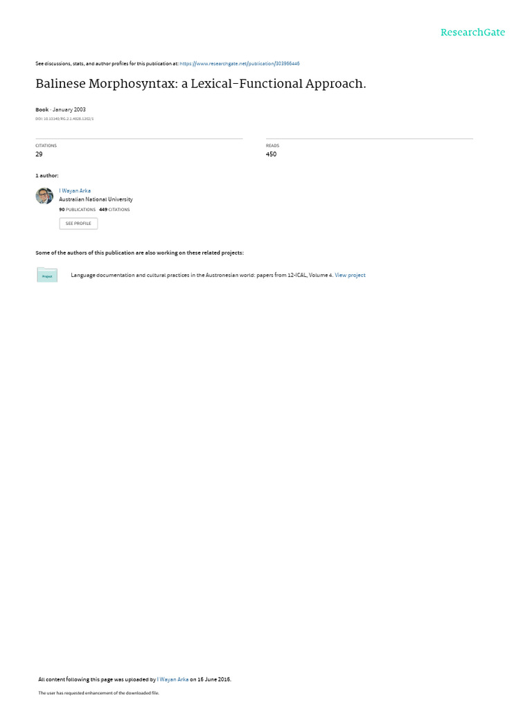 2003 Arka I Wayan Balinese Morphosyntax A Lexical Functional Approach | PDF | Linguistics ...