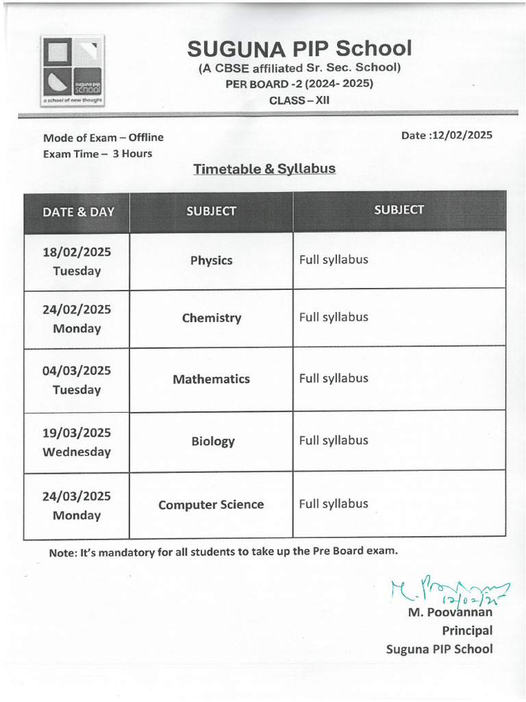 Class XII-Pre-Board-2-Timetable | PDF