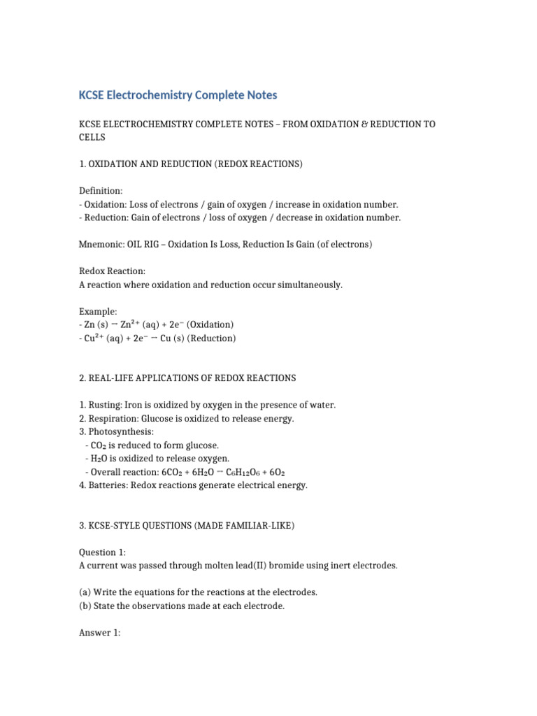 Updated KCSE Electrochemistry Notes | PDF | Redox | Electrochemistry