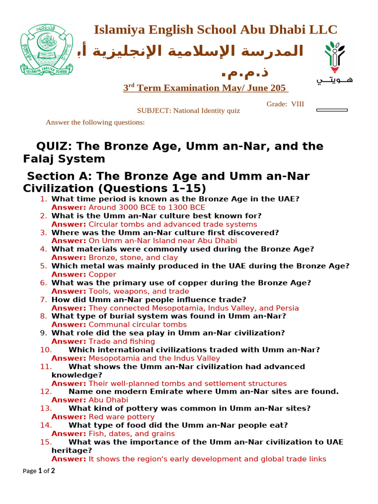 UAE Bronze Age & Falaj System Quiz | PDF | United Arab Emirates