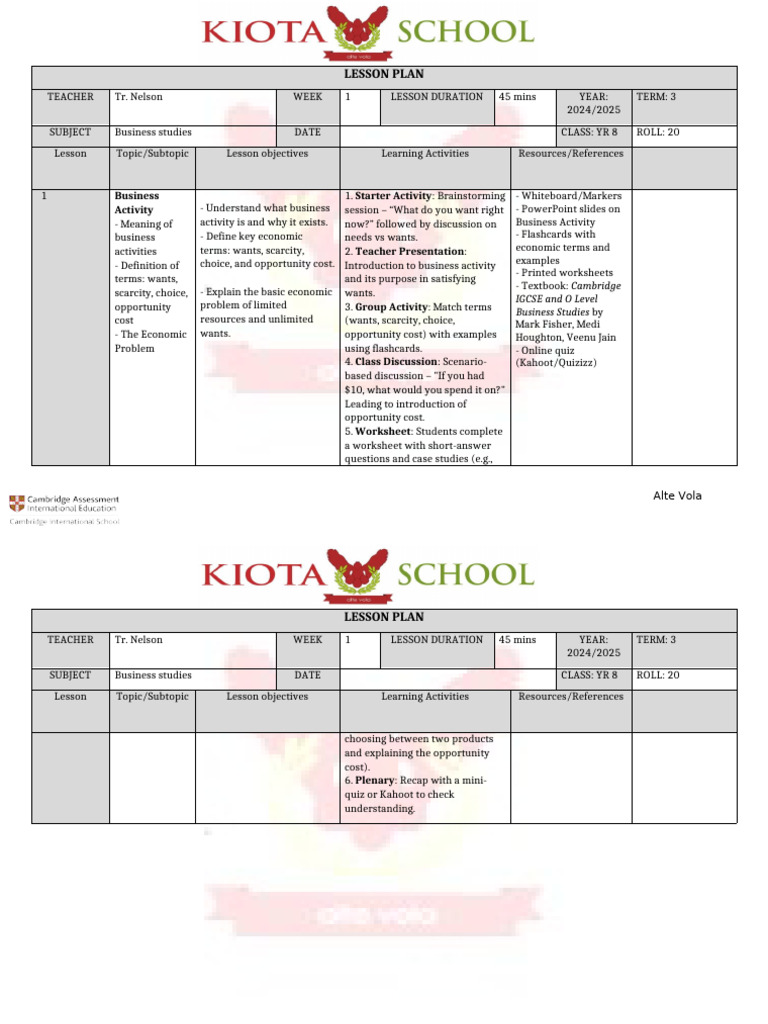 BUSINESS STUDIES LESSON PLAN WK 1 | PDF | Lesson Plan | Human Communication