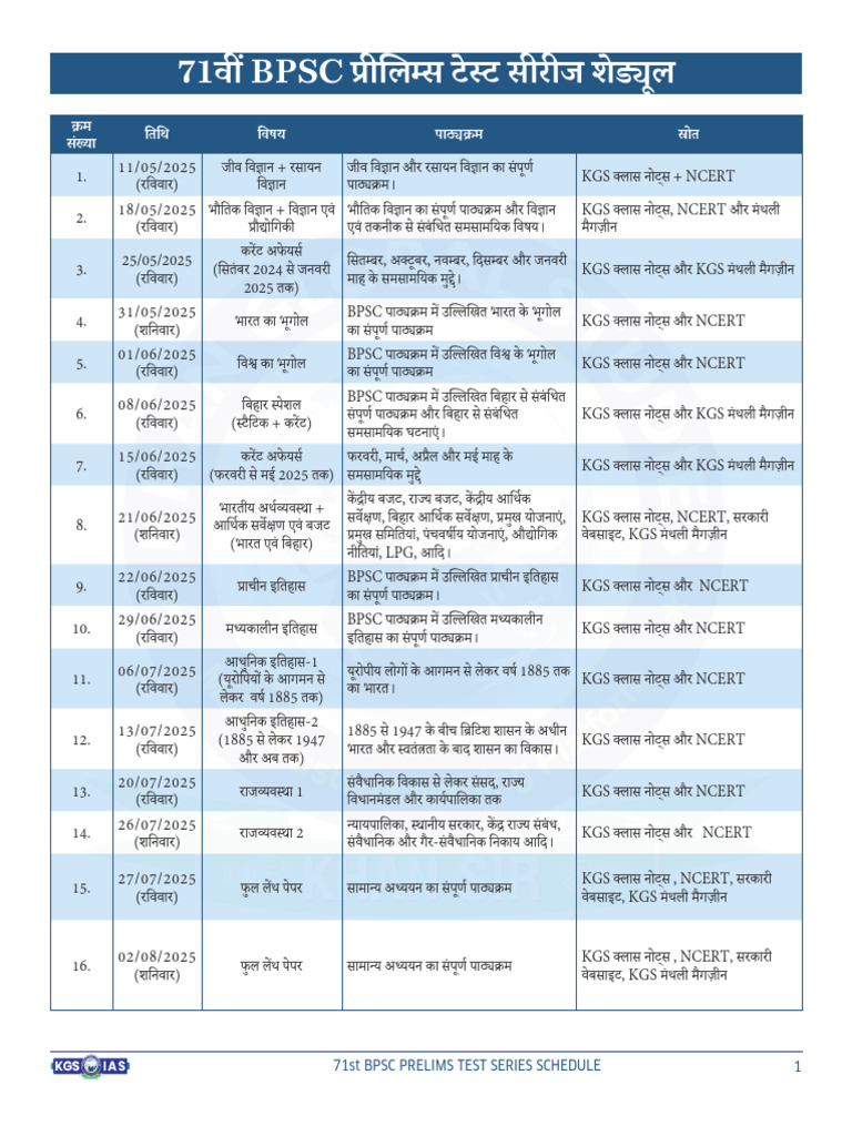 BPSC Test Series Schedule - Hindi | PDF