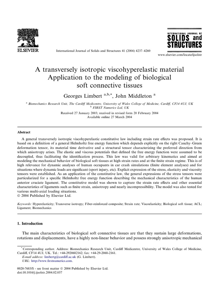 A Transversely Isotropic Viscohyperelastic Material Application To The Modeling of Biological ...