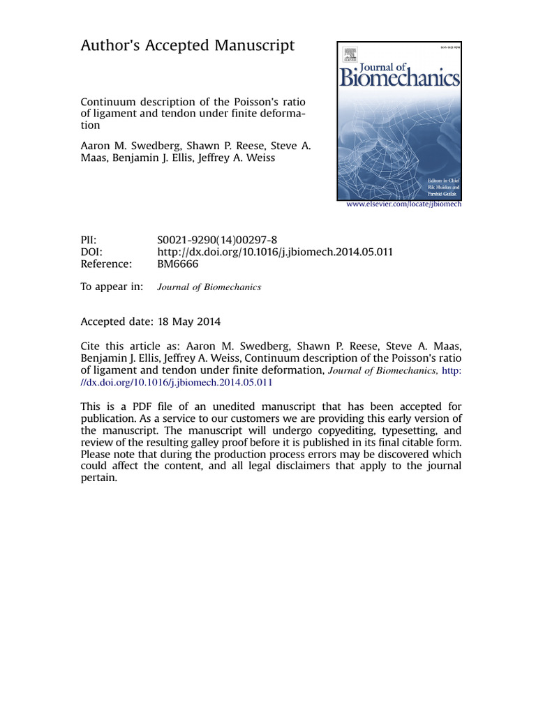 Continuum Description of The Poisson's Ratio of Ligament and Tendon ...