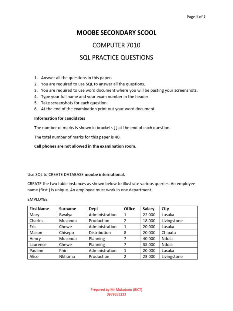 MOOBE PRACTICE 7010 Paper 2 SQL Programming | PDF | Databases | Data Management