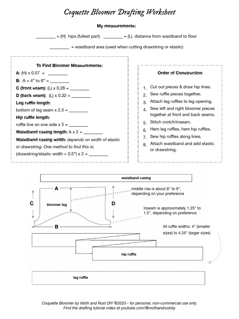 Coquette Bloomer Drafting Worksheet by Moth and Rust Diyhandmade | PDF ...