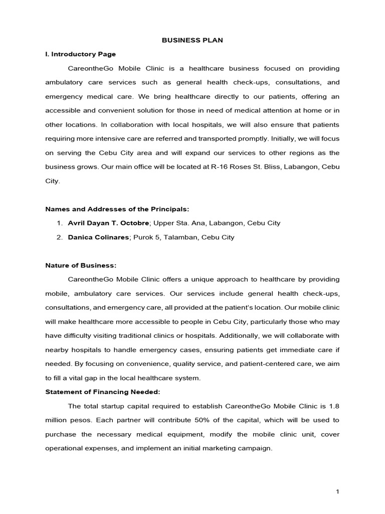 Draft Business Plan | PDF | Health Care | Equity (Finance)