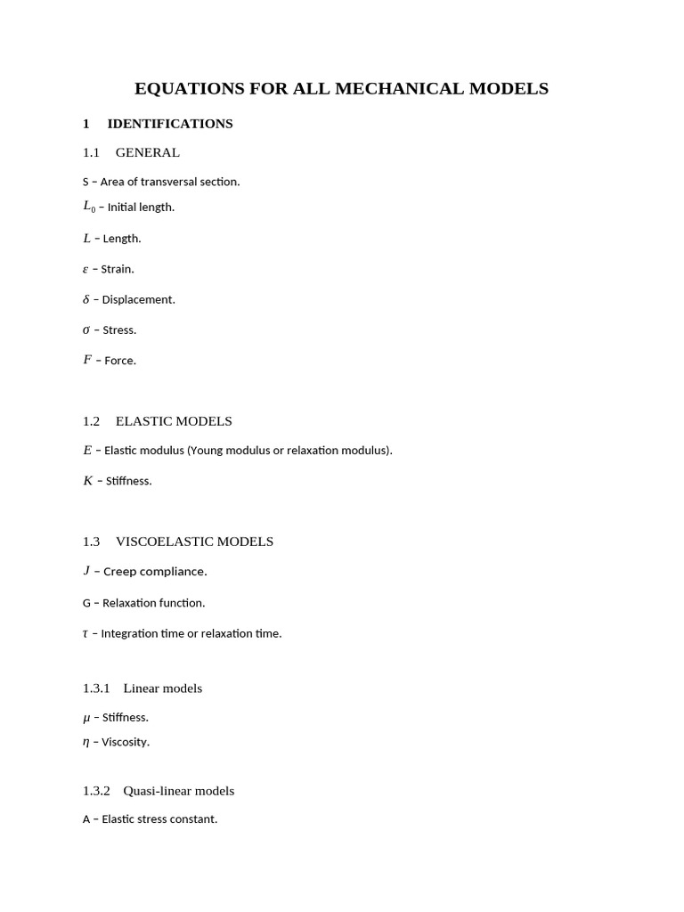 Equations for all mechanical models | PDF | Viscoelasticity | Creep (Deformation)