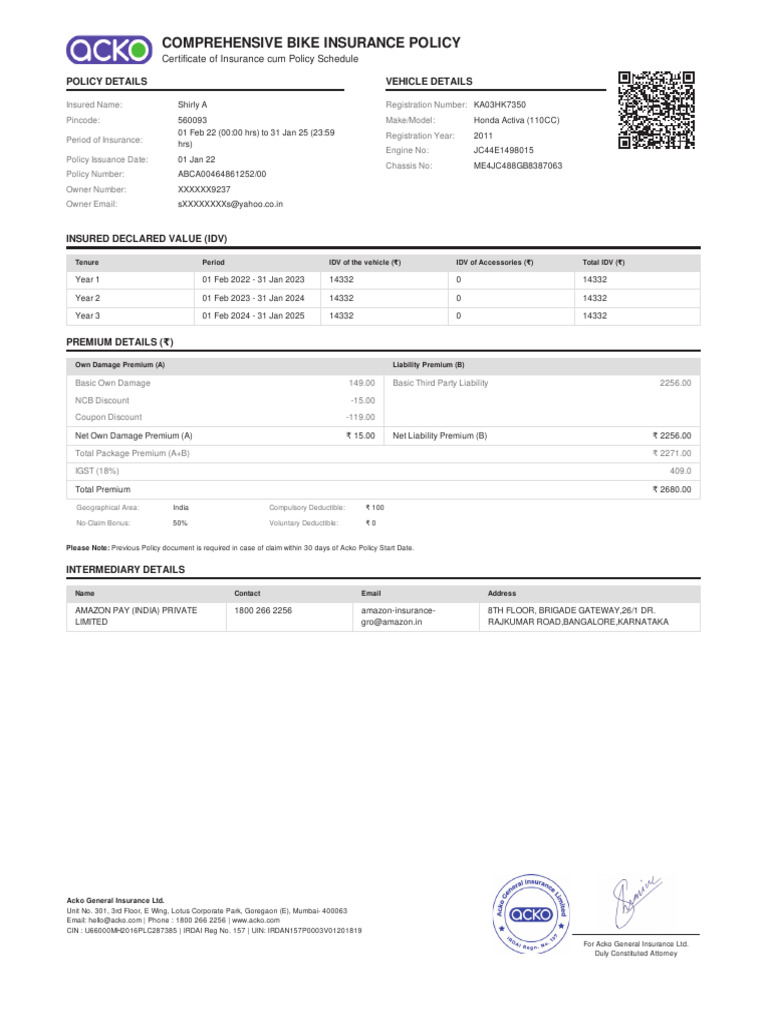 Acko Bike Policy - ABCA00464861252 - 00 | PDF