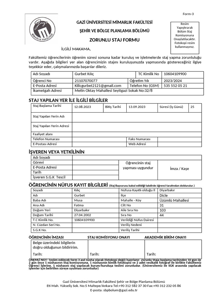 Form 3 Zorunlu Staj Formu | PDF