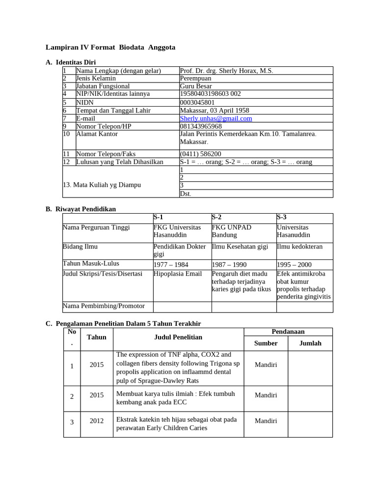 Biodata Anggota Tim Penelitian Gigi | PDF