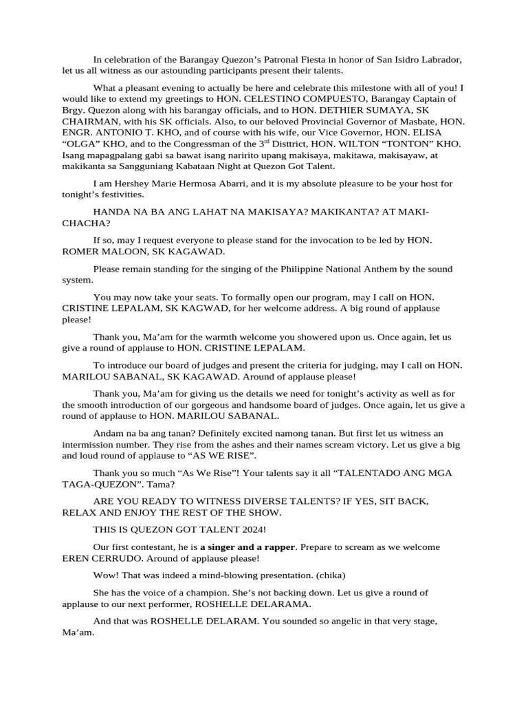 Hosting Script in Brgy Quezon | PDF