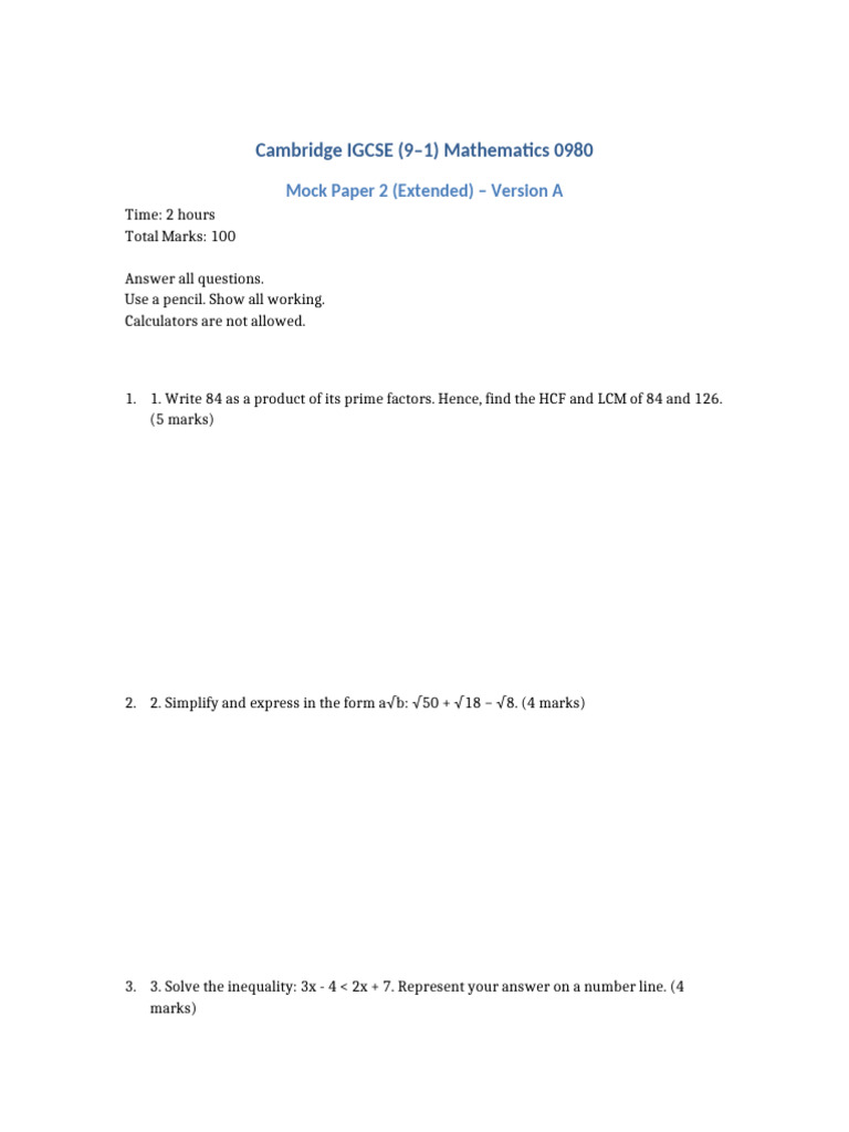 IGCSE Math 0980 Mock Paper2 Version A | PDF