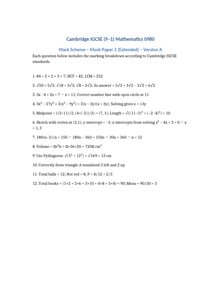 IGCSE Math 0980 Mock Paper2 Version A MarkScheme | PDF
