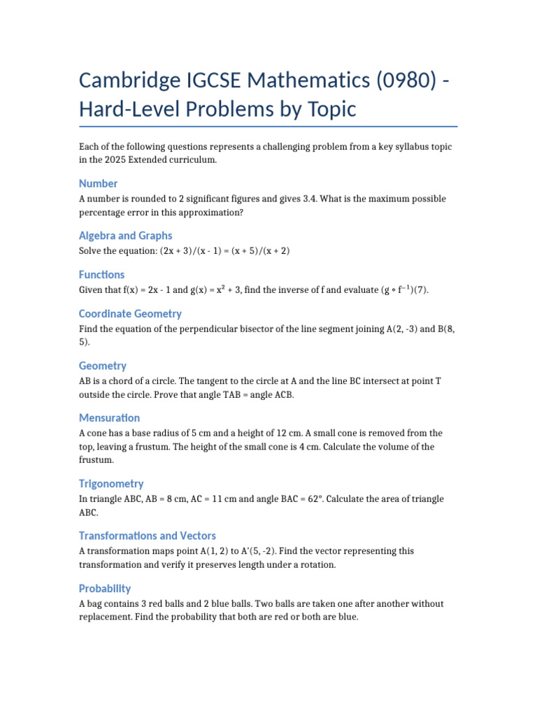 IGCSE 0980 Hard Level Problems by Topic | PDF