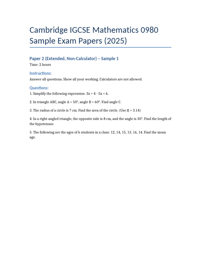 IGCSE Maths 0980 Sample Exams 2025 | PDF