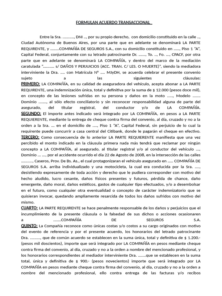 Modelo de Acuerdo Transaccional Civil | PDF | Póliza de seguros ...