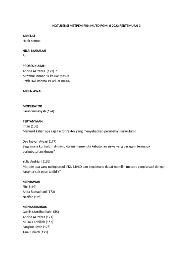 Notulensi Metpem PKN Mi - SD Pgmi 6 2023 Pertemuan 3 | PDF