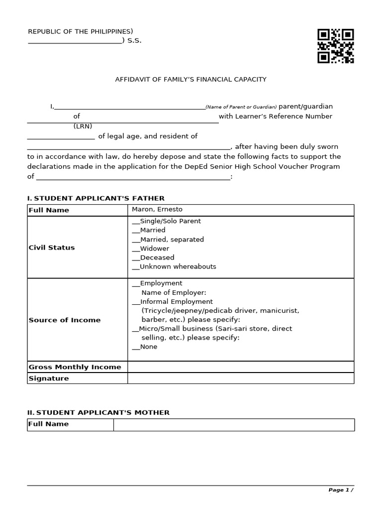 Family Financial Capacity Affidavit | PDF | Affidavit