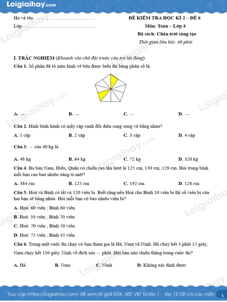 De Kiem Tra Hoc Ki 2 Toan 4 Chan Troi Sang Tao de So 6 1745914397 | PDF