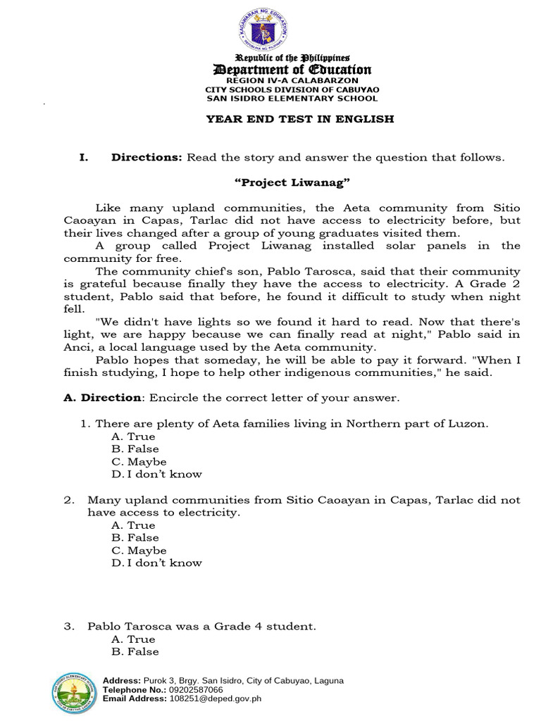 English 4 Year End Test | PDF | Part Of Speech | Verb