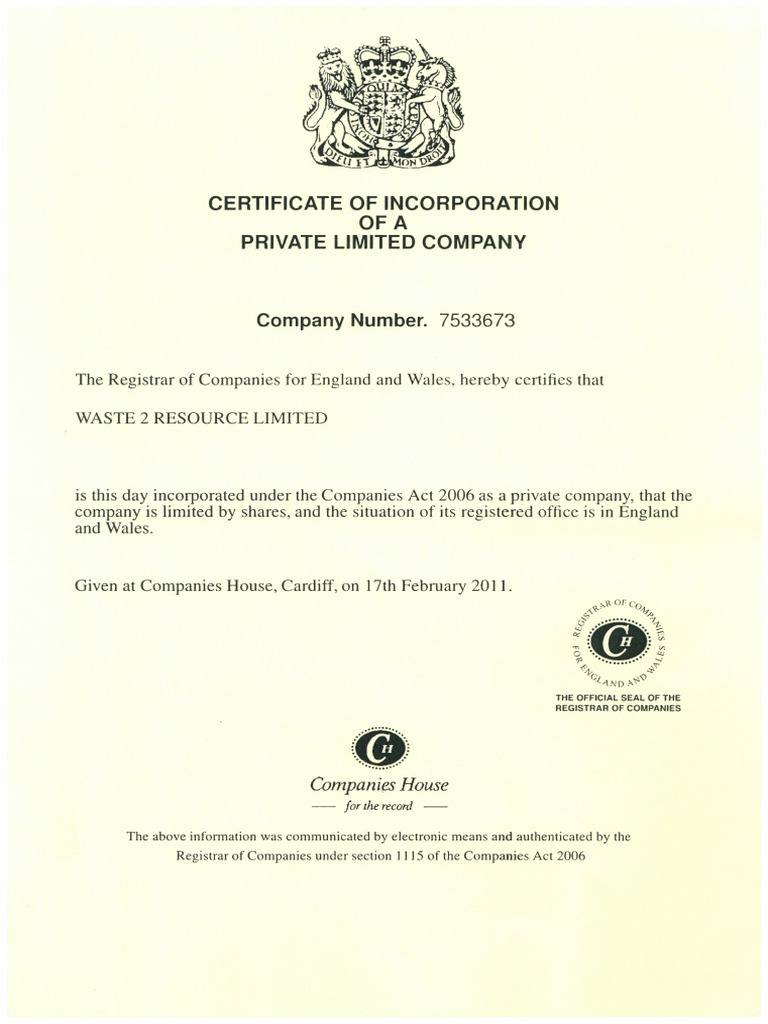 W2R Certificate of Incorporation | PDF