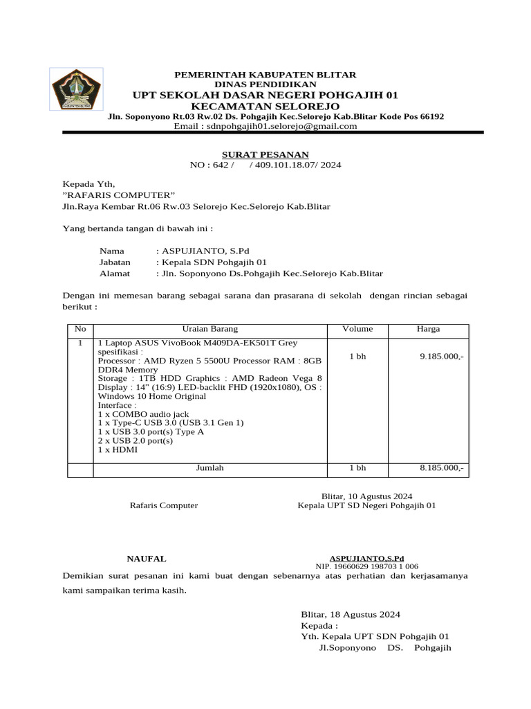Surat Pesanan, Pengiriman Barang Dan Bast | PDF