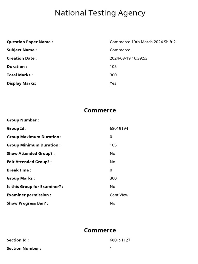 Commerce Exam Paper March 2024 | PDF | Multiple Choice | Standardized Tests