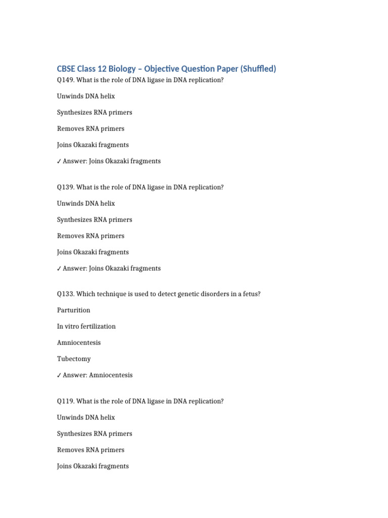 CBSE Class 12 Biology Objective Questions3 Shuffled | PDF | Primer ...