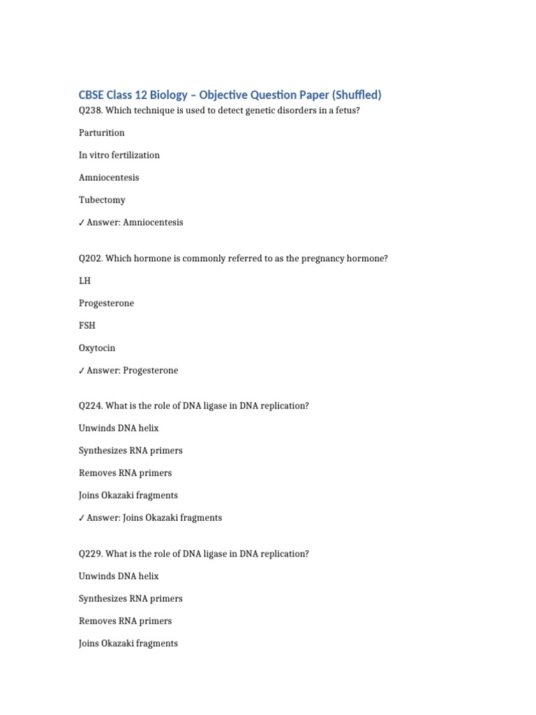 CBSE Class 12 Biology Objective Questions5 Shuffled | PDF | Primer ...