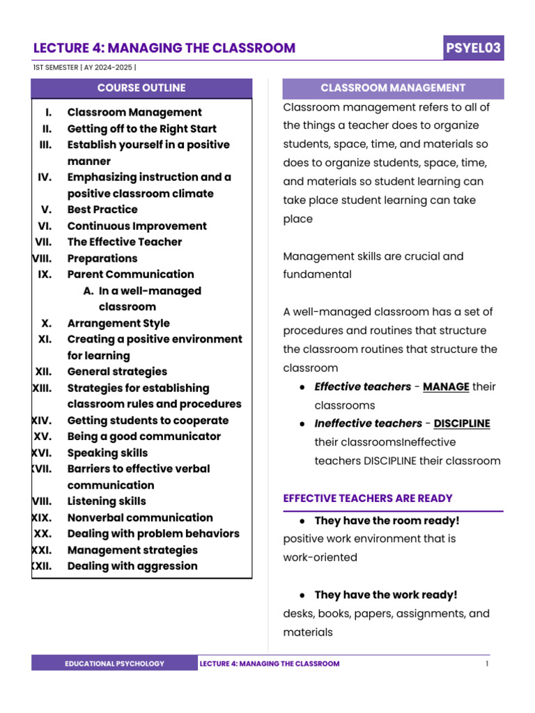 Lecture 4 - Managing The Classroom | PDF | Classroom | Learning