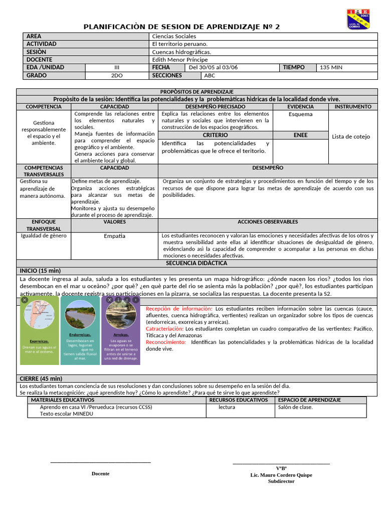 Planificaciòn de Sesion de Aprendizaje #2 | PDF | Aprendizaje | Río
