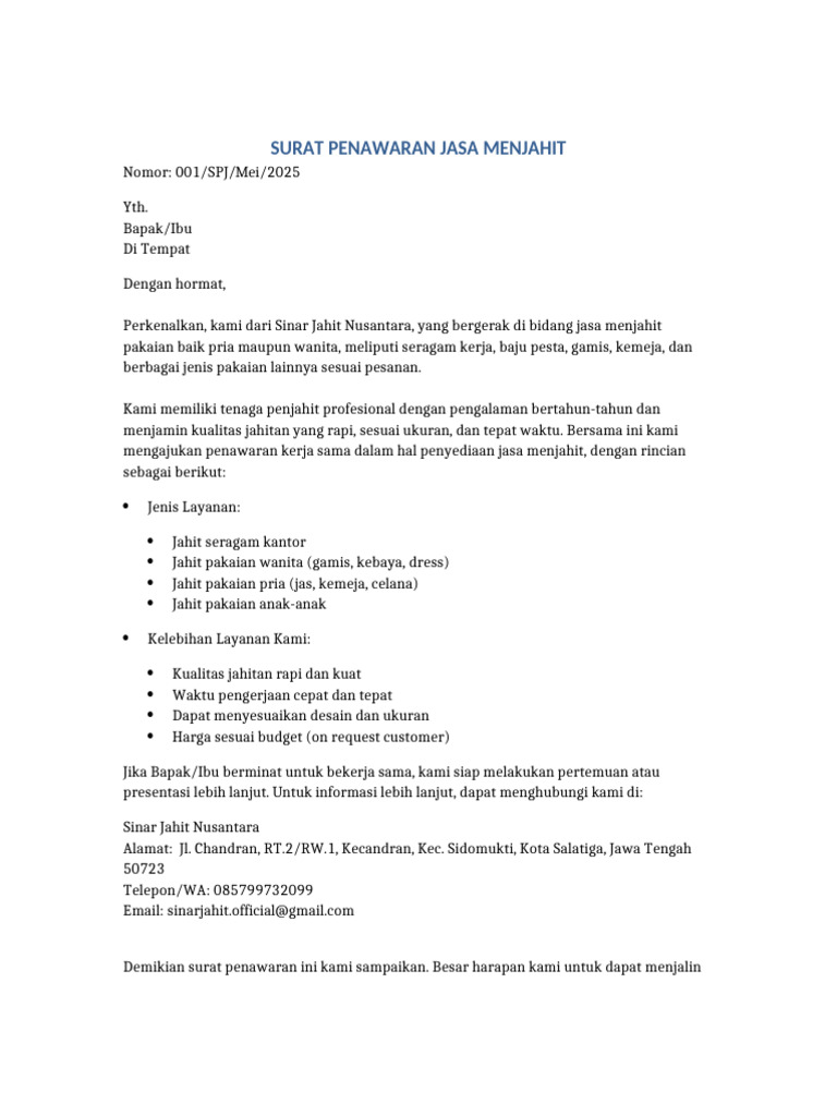 Surat_Penawaran_Jasa_Menjahit_Sinar_Jahit_Nusantara | PDF