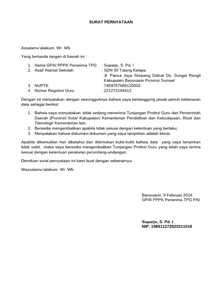 Surat Pernyataan TPG 2022 | PDF