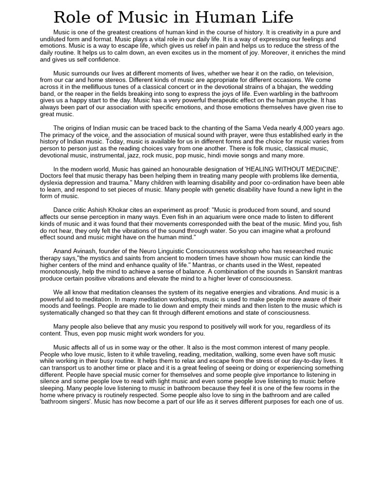 Role of Music in Human Life Devcpin | PDF | Mind | Meditation