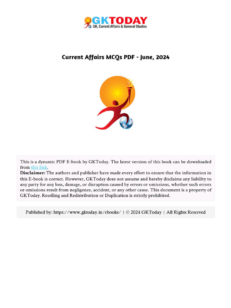 Current Affairs MCQs PDF - June 2024 | PDF