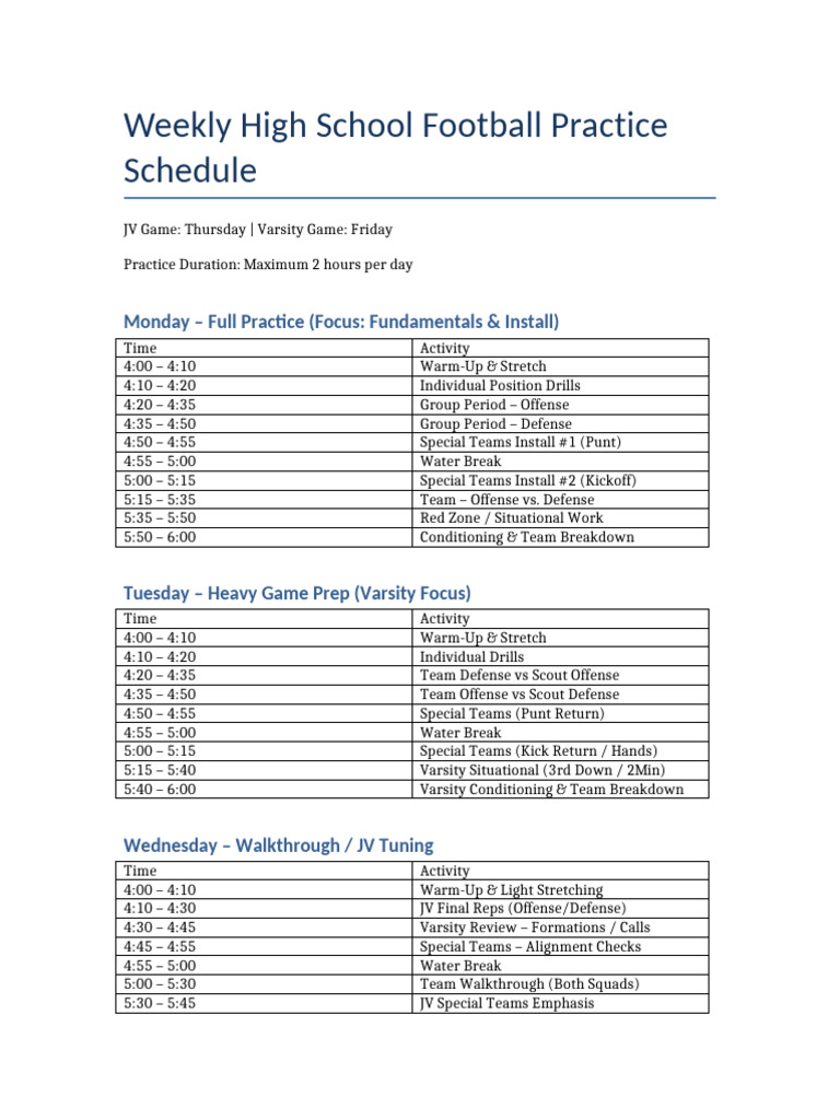 High School Football Practice Schedule | PDF | Ncaa Division I Fbs ...