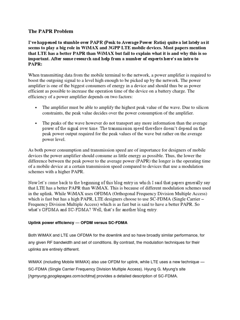The PAPR Problem: Uplink Power Efficiency - OFDM Versus SC-FDMA | PDF ...