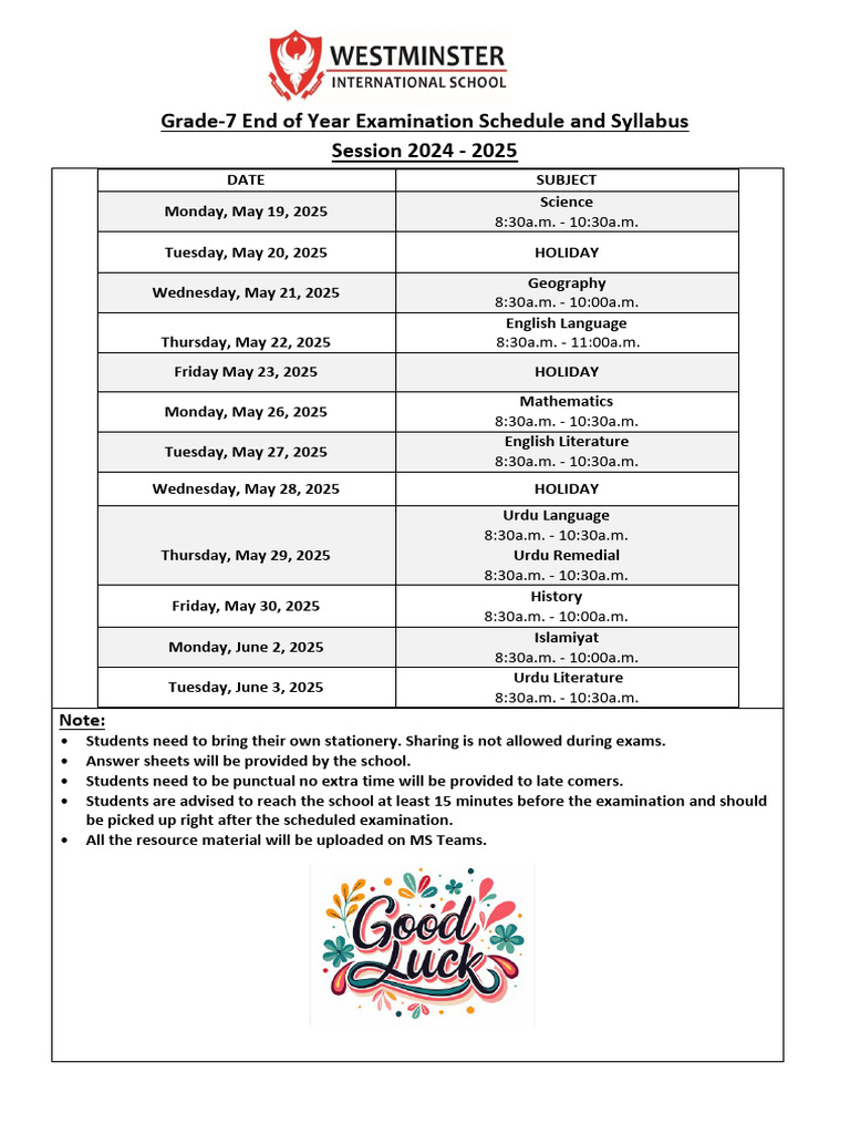 Grade 7 Revised - End of Year Exam Schedule and Syllabus 2025 | PDF ...