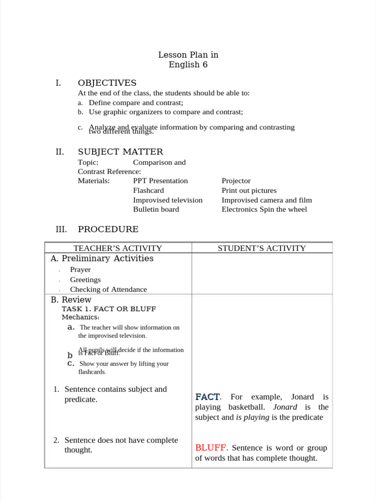 English 6 Lesson Plan: Compare & Contrast | PDF