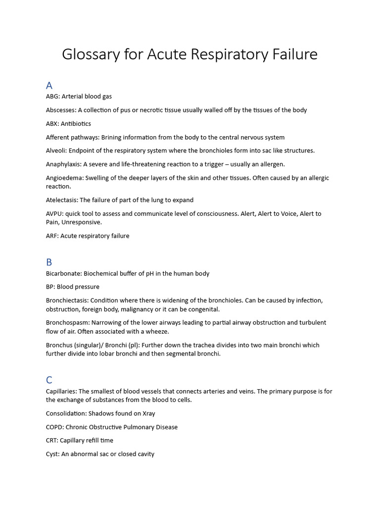 Respiratory Failure MOOC Glossary | PDF | Respiratory Tract | Lung