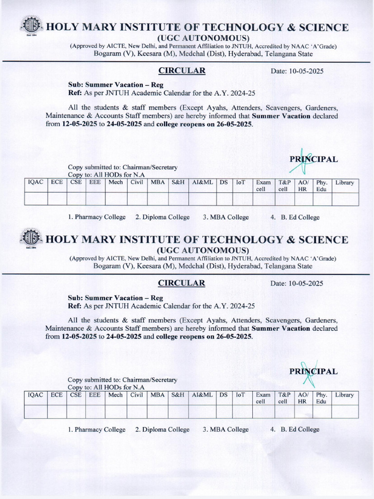 Summer Vacation Circular | PDF