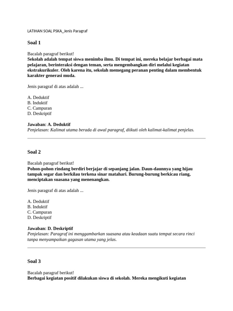 LATIHAN SOAL PSKA - Jenis Paragraf | PDF