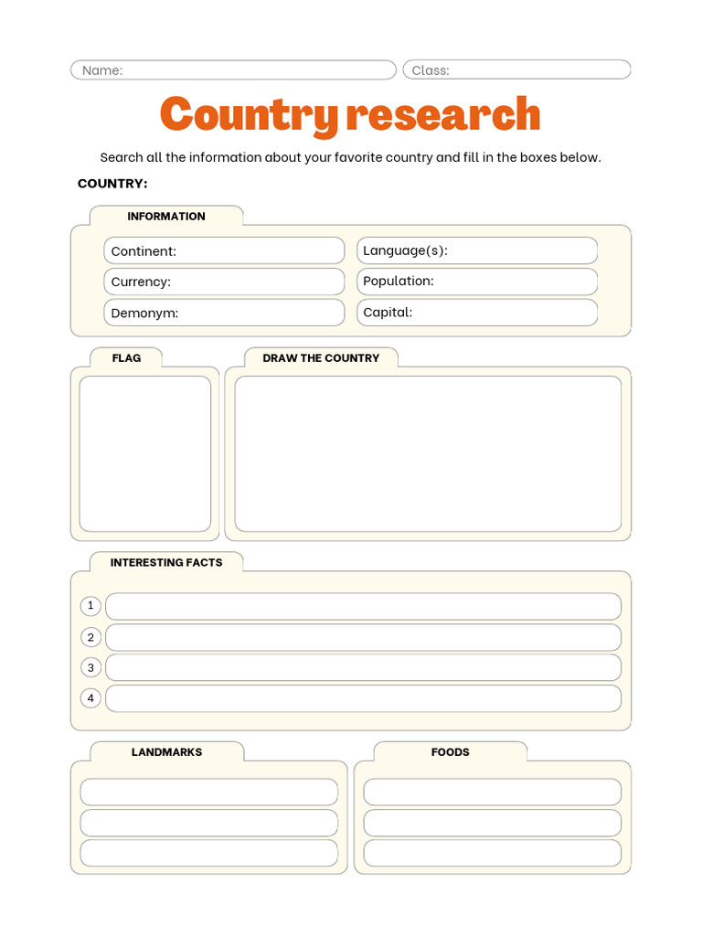 Country Research Worksheet in Orange White Simple Style | PDF