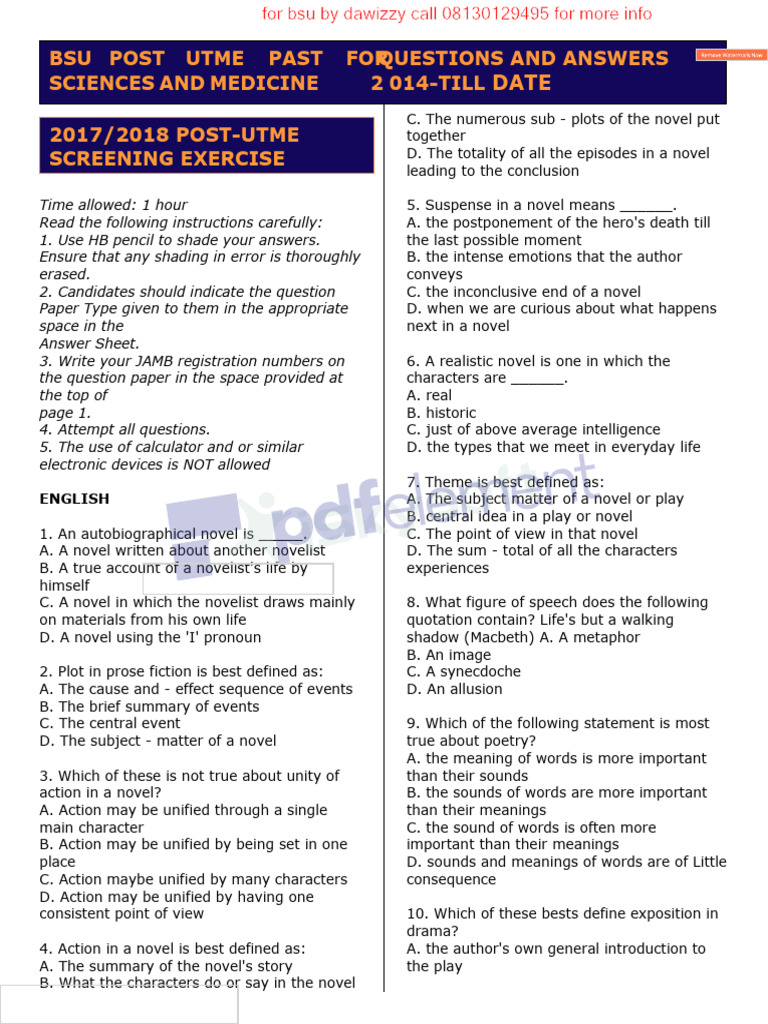 BSU Post UTME Science Past Questions | PDF | Acid | Chlorine