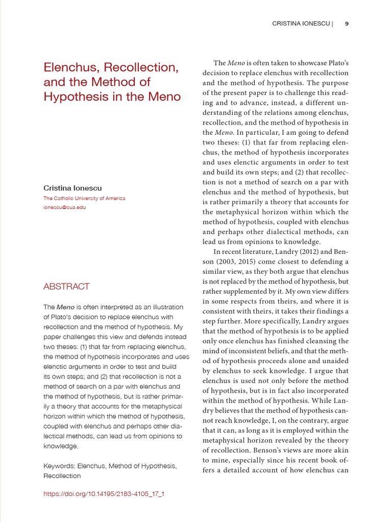 Elenchus, Recollection, and The Method of Hypothesis in The Meno | PDF ...