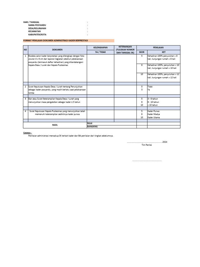 Format Penilaian Kader Posyandu 2024 | PDF