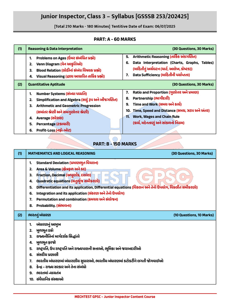 Junior Inspector, Class 3 - Syllabus (GSSSB 253/202425) : Part: A - 60 Marks | PDF | Rectifier ...